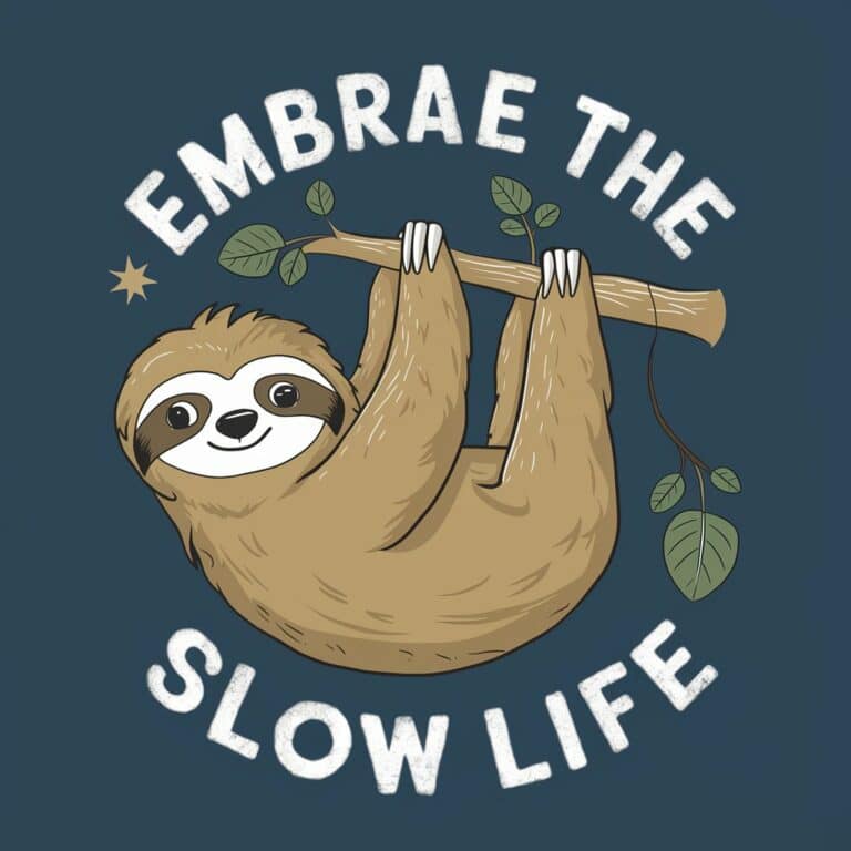 Prompt 2d cartoon illustrated sloth said "Embrace the slow life ...